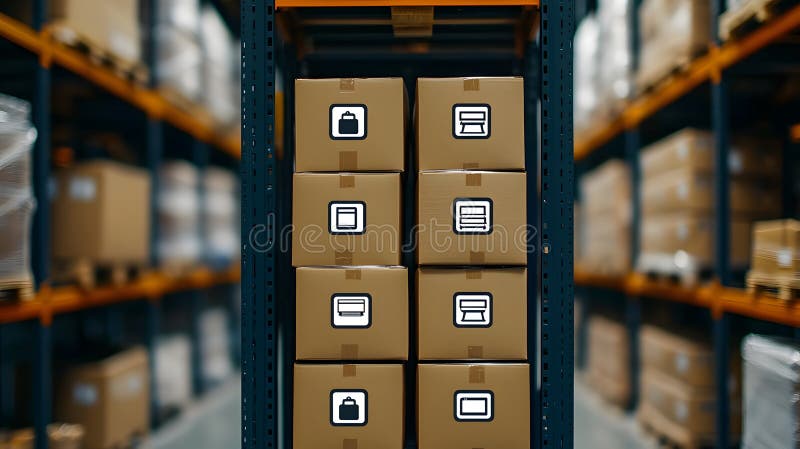Streamlined Order Processing: Organized Storage of Packages with Icons in a Modern Warehouse ...