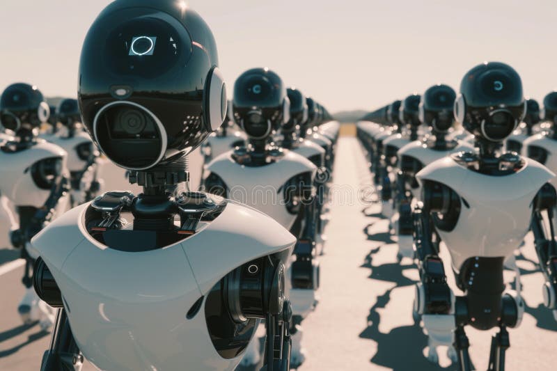 Streamlined Robots with Builtin Cameras Facing on a Tech Runway Stock ...