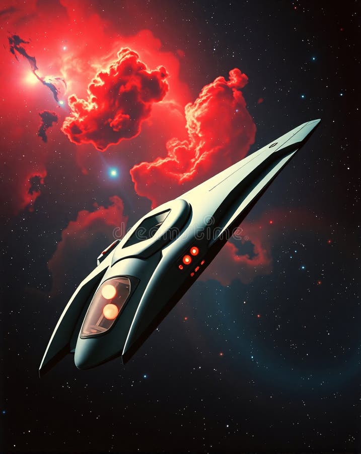 Streamlined Spacecraft with a Pointed Nose, Illuminated Cockpit, and a ...