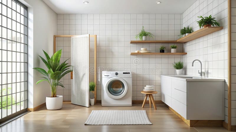 Streamlined White Laundry Room Design a Minimalist Bathroom Integration ...