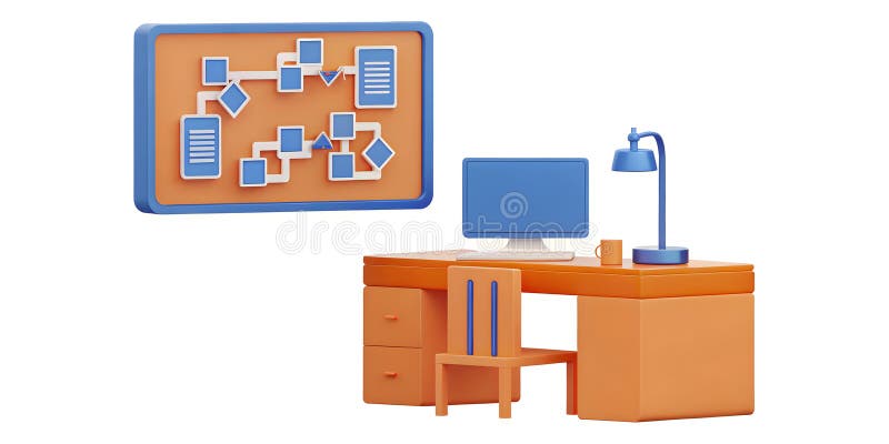 Streamlined Workspace Minimalist Desk, Computer, and Flowchart Display ...