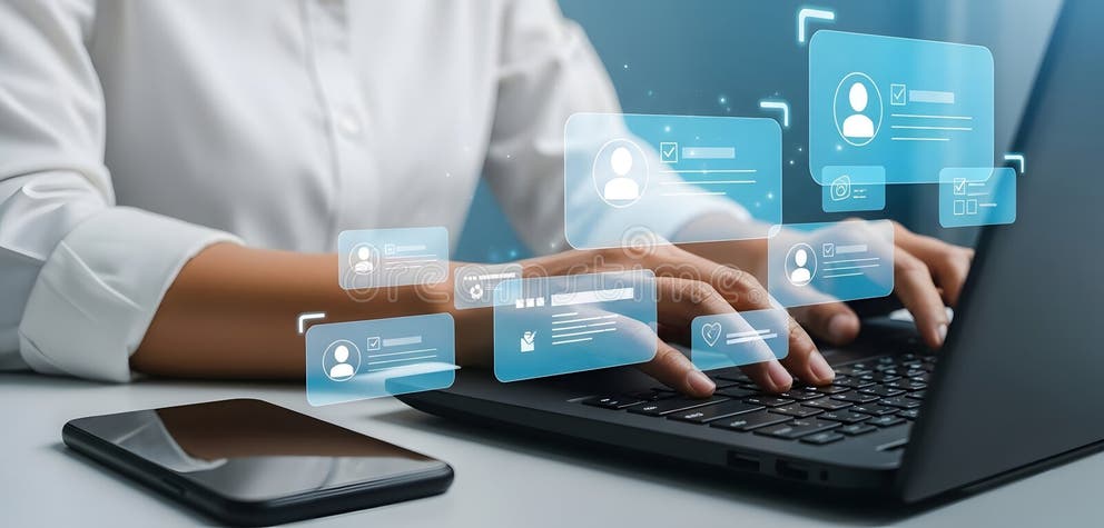 Business Professional Managing Digital User Profiles and Data on Laptop with Virtual Interface ...