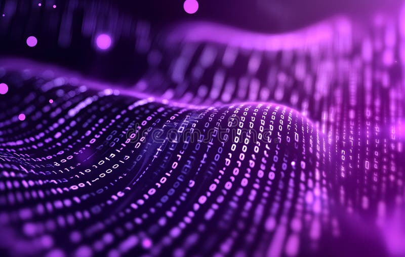 Streams of Data Flow in a Flowing Wave, Each Data Particle is a Binary Code, Purple Color ...