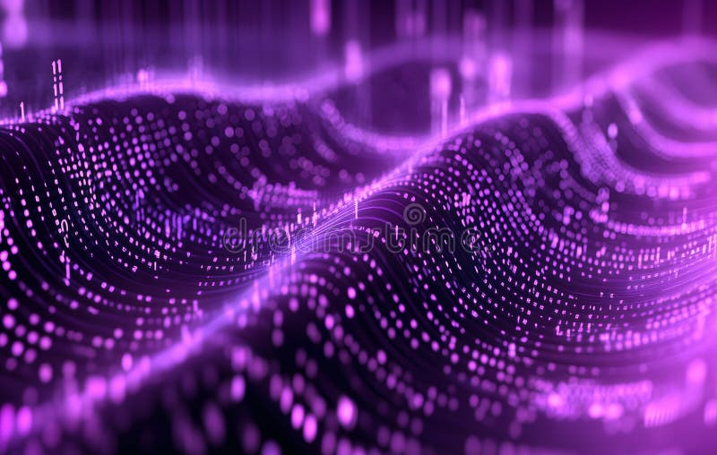 Streams of Data Flow in a Flowing Wave, Each Data Particle is a Binary Code, Purple Color ...