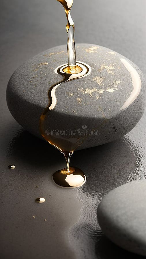 Streams of Golden Water Flow Down from the Gray Stone. Jets of Liquid ...