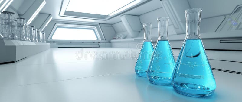 Streams of Light Illuminate Four Conical Flasks Filled with Blue Liquid ...