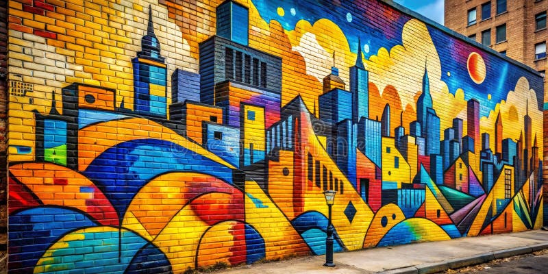 Street Art Perspective Brick Wall Cityscape Mural Stock Illustration ...