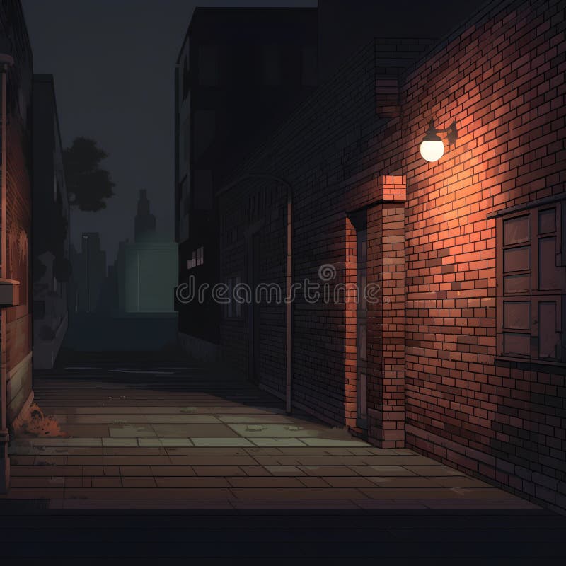Street with Brick Houses and Lanterns at Night. Vector Illustration ...