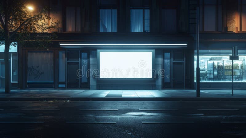 A Street with a Building Lit Up at Night on the Corner, AI Stock Photo ...