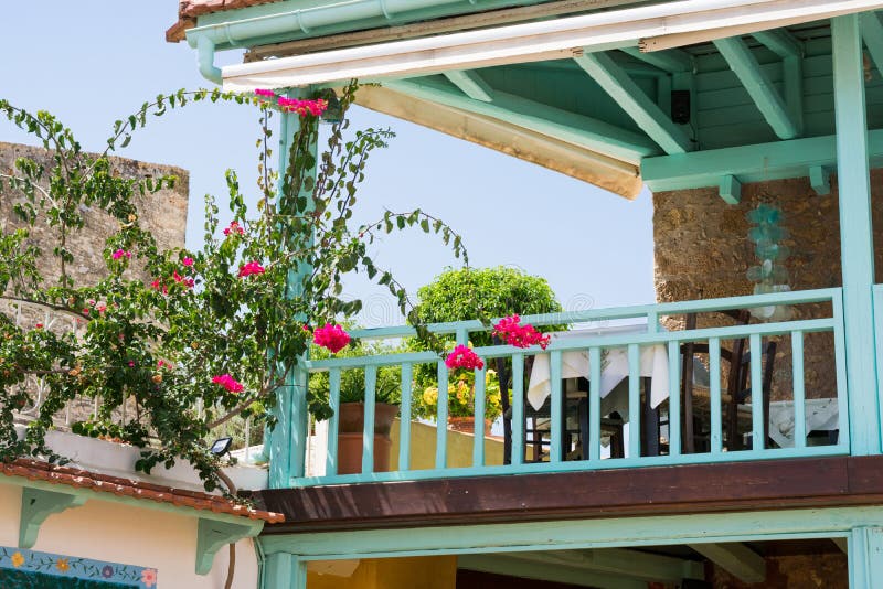 Street Cafe on Balcony in Crete Stock Image - Image of chairs, place ...