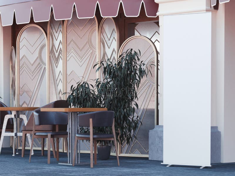 Street Cafe with Blank Rollup Banner. 3d Rendering Stock Illustration ...