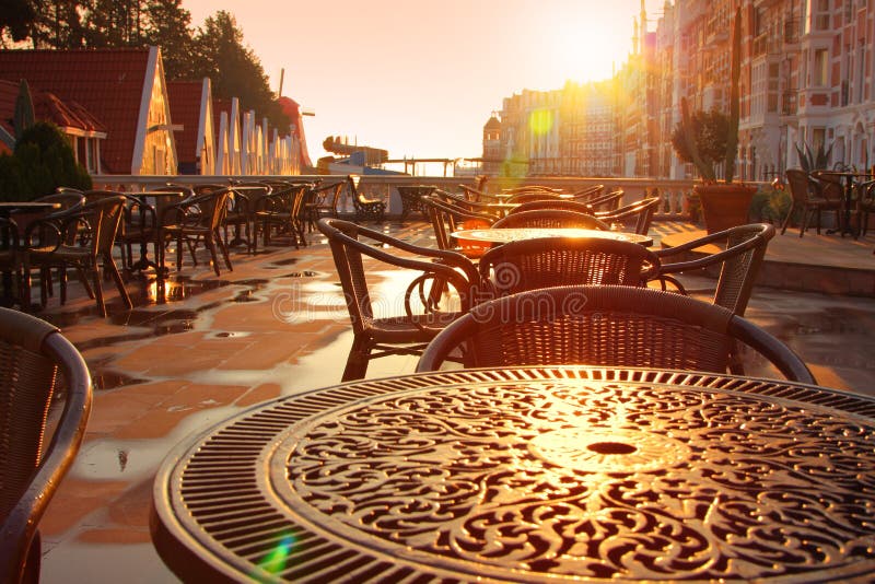 Street Cafe Early Morning. Rising Sun Stock Image - Image of bistro ...
