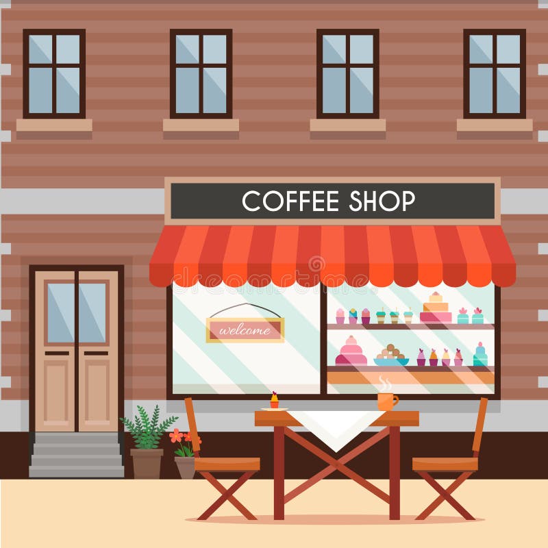 Cafe Bistro Building, Front View, Vector Cartoon Illustration Stock ...