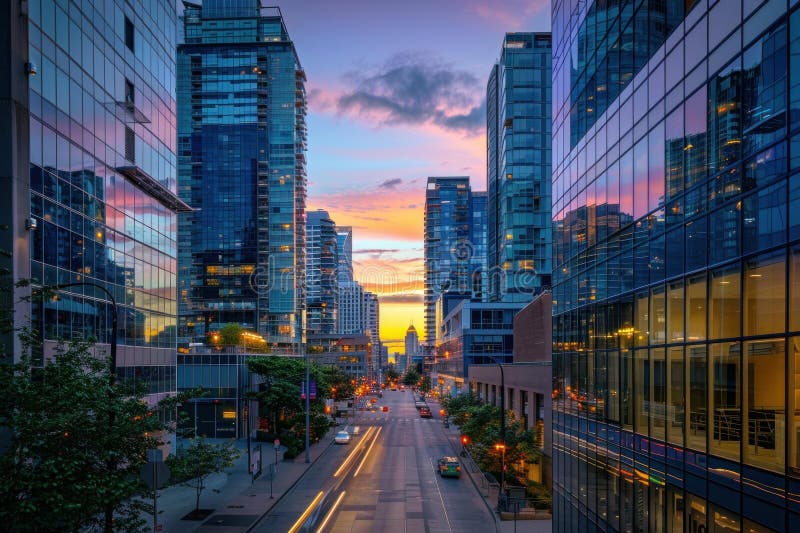 Street with Cars Passing between Buildings at Sunset Stock Image ...