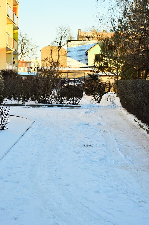 Street in the City Covered with Snow in Winter, Traces in the Snow ...