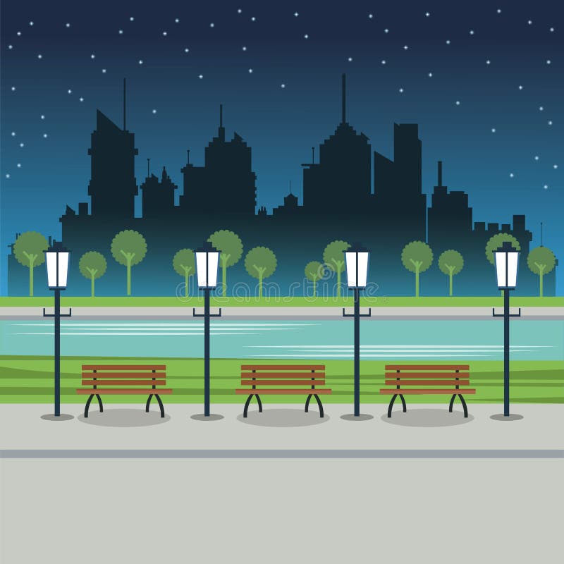Street City Night Post Lamp Bench River Stock Illustration ...