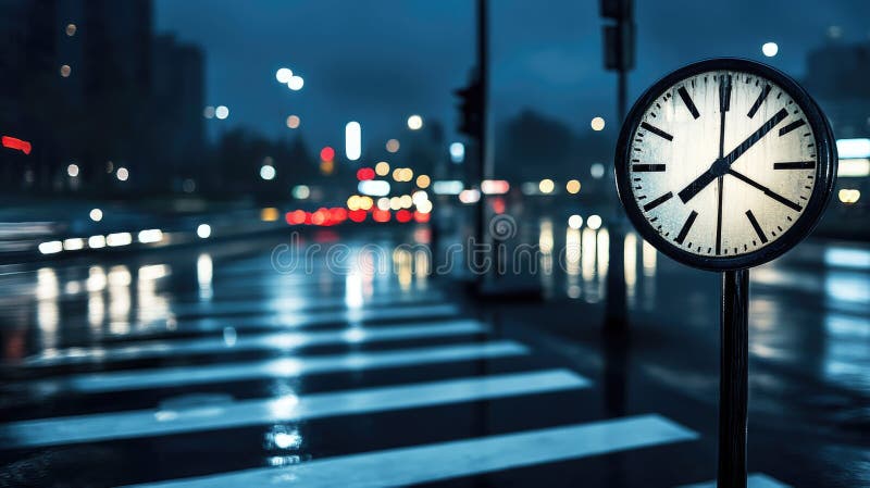 Street Clock during Rainy Night in City with Blurred Lights Stock Image ...