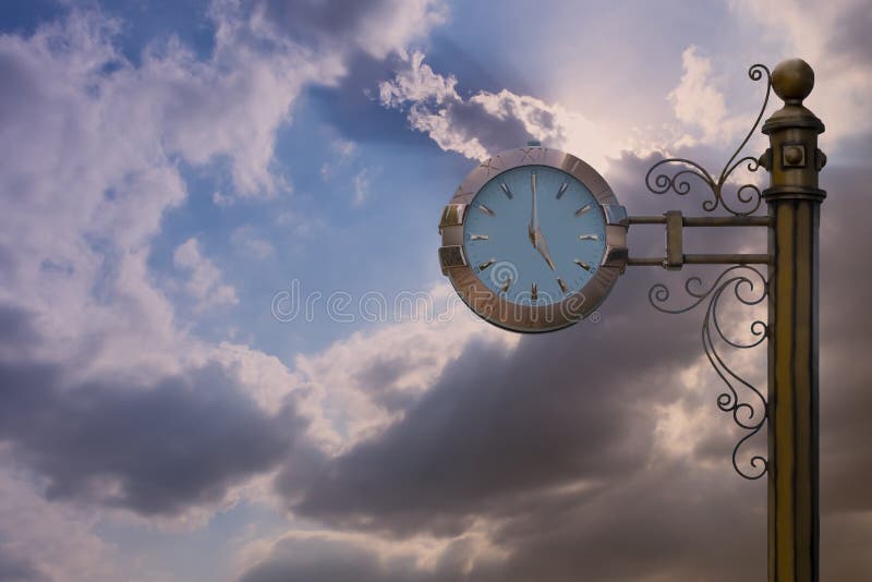 Classic Style Streeet Clock. 5 O`clock Stock Image - Image of clouds ...