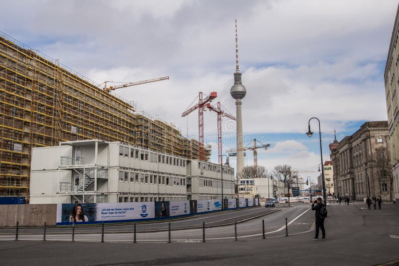Street, Derrick Crane and TV Tower in Berlin Editorial Photo - Image of ...
