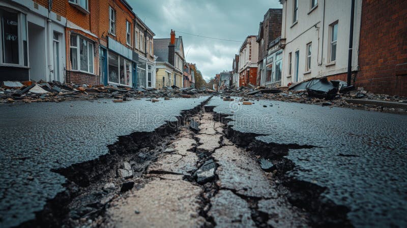 A Street Devastated by an Earthquake Shows Deep Cracks in the Asphalt ...