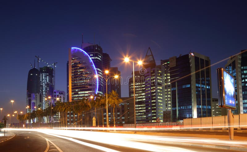 Street in Doha Downtown at Night Editorial Photography - Image of ...
