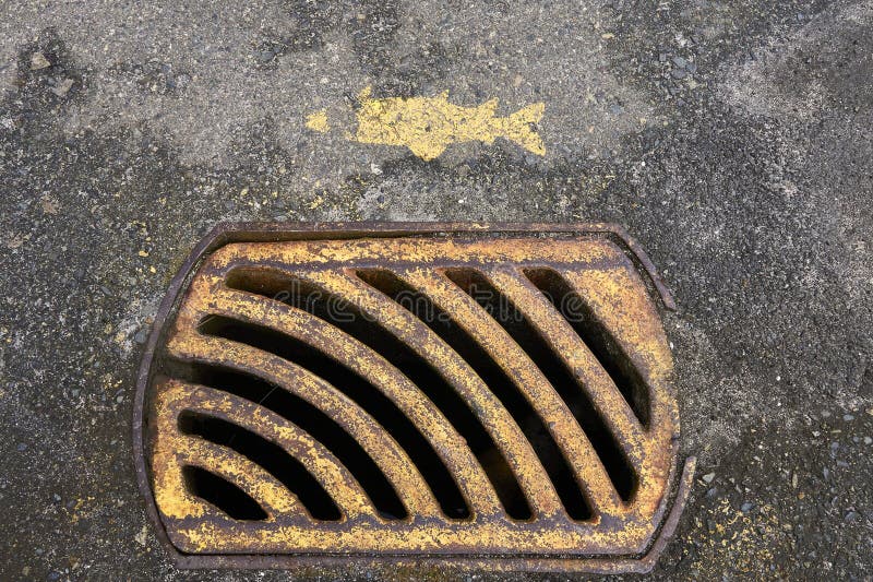 A Street Grate Drain with an Old Stencil of a Fish on the Pavement ...