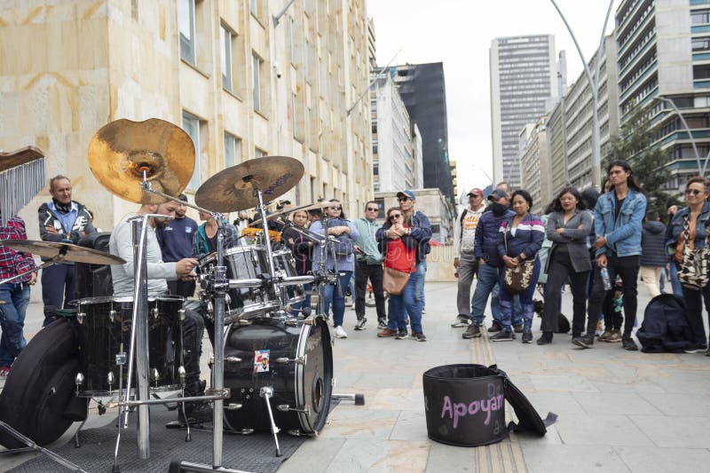 An Street Drummer Performance with a Crowd at Bogota Downtown 7th ...