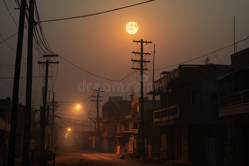 A Street at Dusk with a Full Moon in the Sky Stock Illustration ...