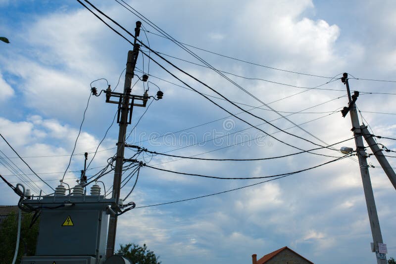 Street Electric Current Transformer with Wires on the Pole Stock Image ...