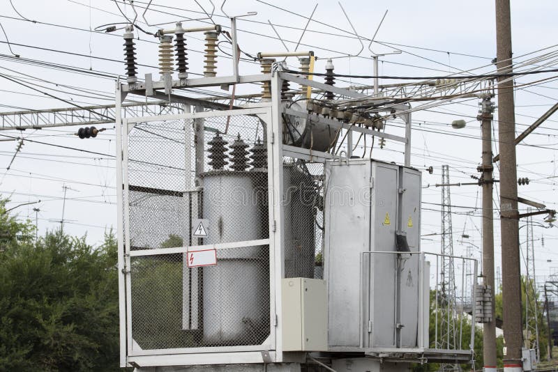 Street Transformer Substation and Power Lines. Insulating Cuffs ...