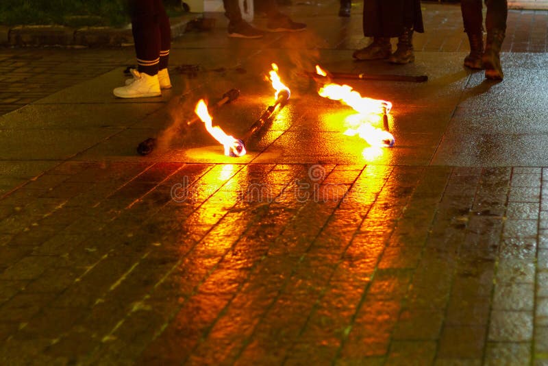 Street Fire Performance Art . Burning Flame Metal Bowl Artwork Dance ...