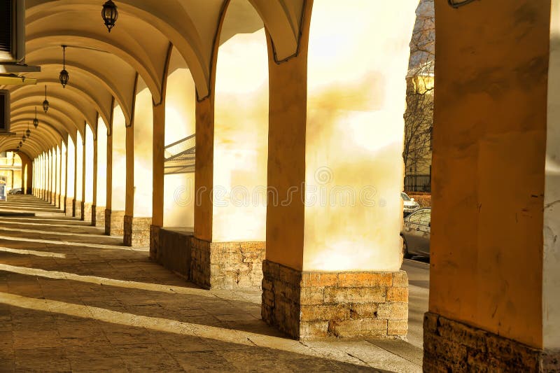 Street Gallery with Arches, Round Lights, Light and Shadow Stock Image ...