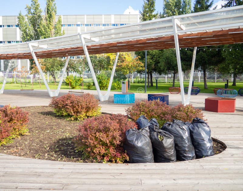 Street Garbage Collection. Collected Trash Bags Stock Photo - Image of ...