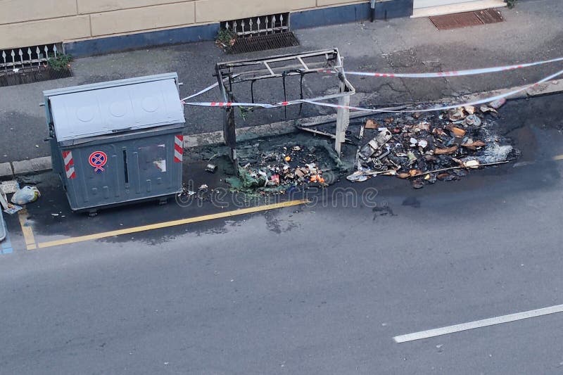 Street Garbage Container Fire Burnt Plastic Recycle Bin Stock Image ...