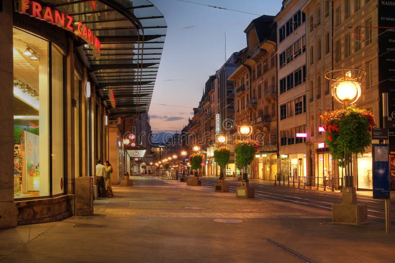 Street in Geneva, Switzerland Editorial Stock Photo - Image of twilight ...