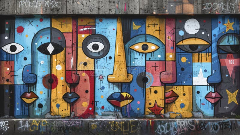 Street Graffiti with Abstract Faces and Drips of Paint, Grunge. Stock ...