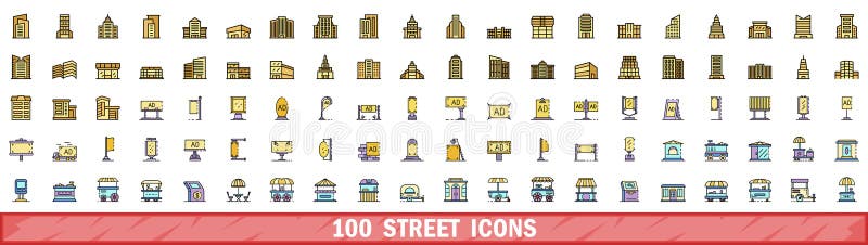 100 Street Icons Set, Color Line Style Stock Vector - Illustration of ...