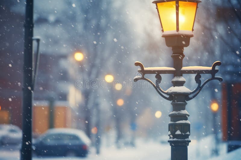 Street Lamp Casting Light on a Snowy Evening Stock Photo - Image of ...