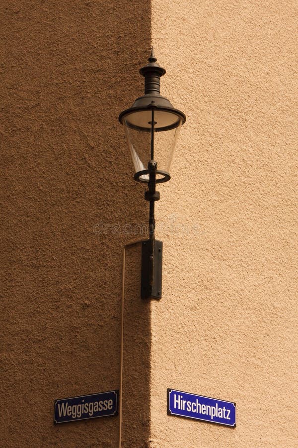 Street Lamp Mounted at Corner of Building Stock Image - Image of street ...