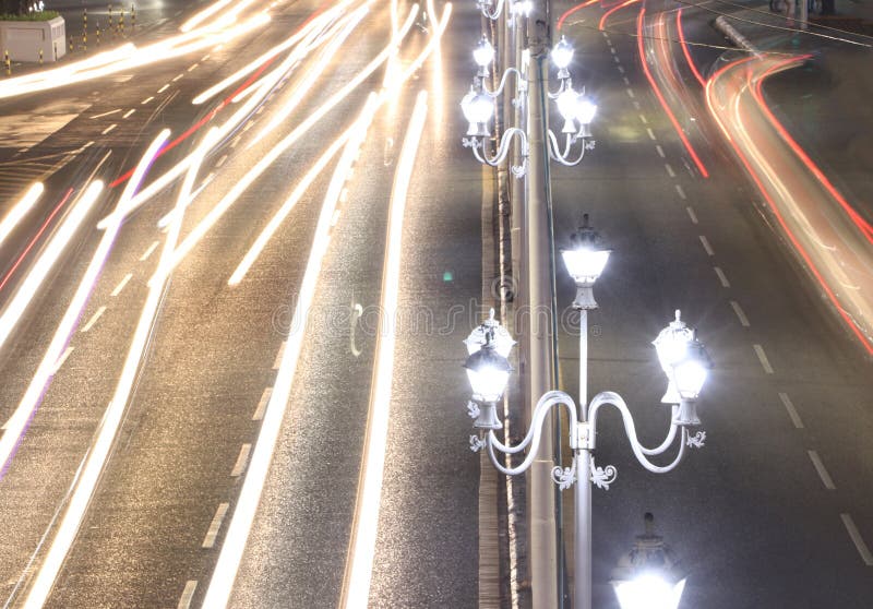 Street Lamp in the Night with Abstract of Movement Car Light Stock ...