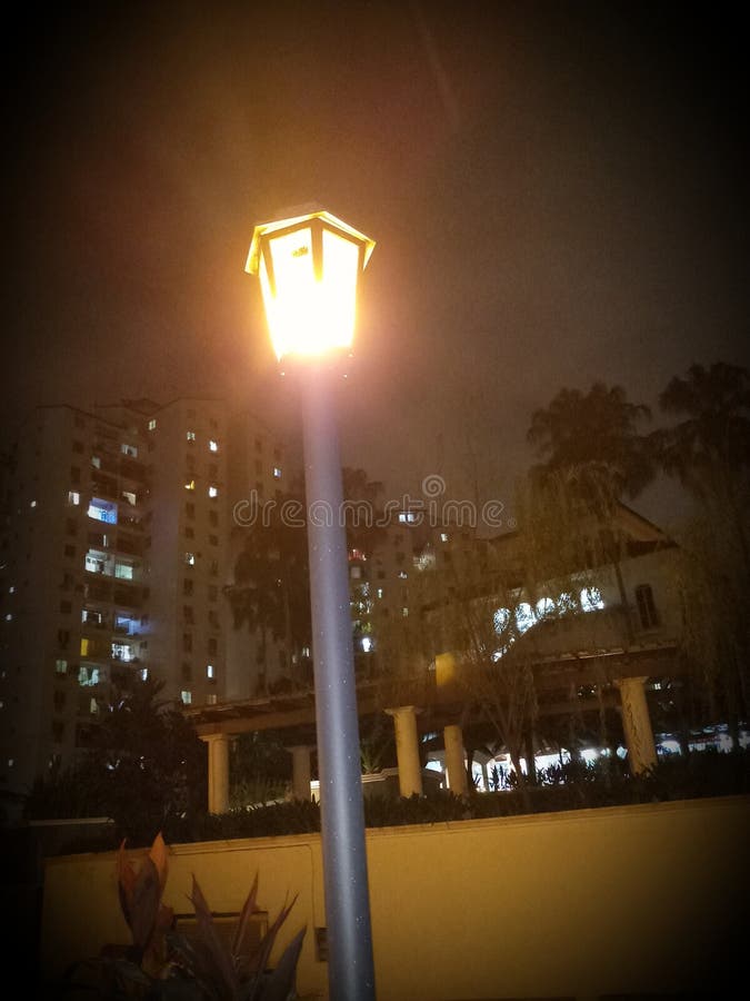 Street Lamp in the Night, Close Up. Building Background. Stock Photo ...