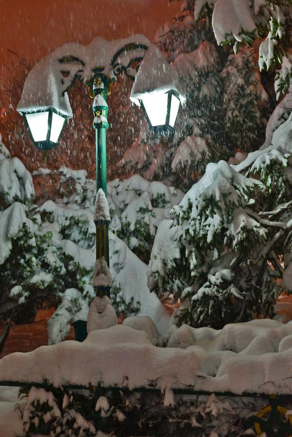 Street lamp and snow scene stock photo. Image of card - 49412442