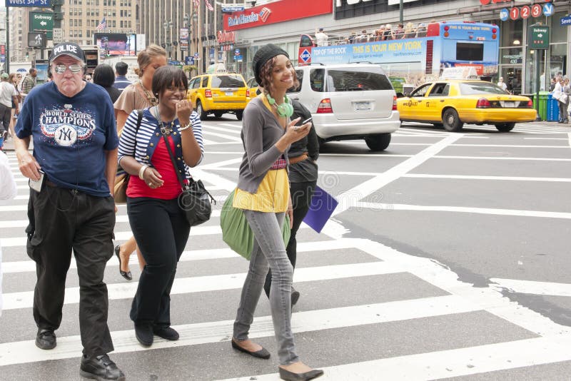 Street Life New York City. Colorful Dressed Young Women and Old Man on ...
