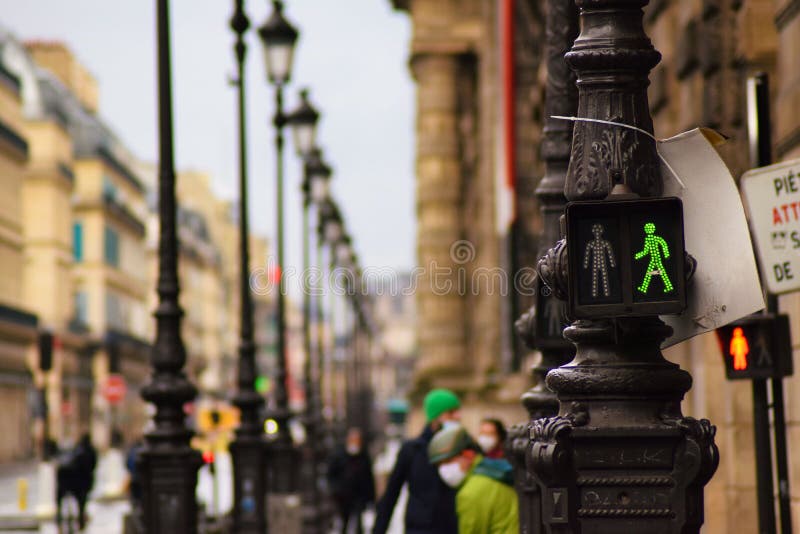 Street Light with a Green Pedestrian Sign on it Stock Image - Image of ...