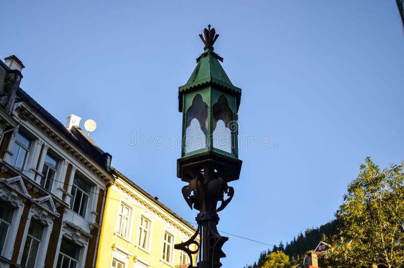 Street Light Hanging on Facades in Bergen Stock Image - Image of ...