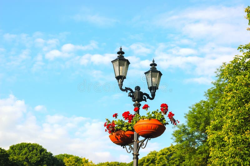 Street Light Lamp with Baskets of Red Flowers Stock Image - Image of ...