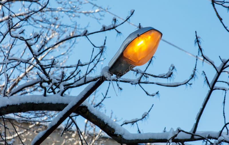 A Street Light is Lit Up in the Snow Stock Photo - Image of frozen ...