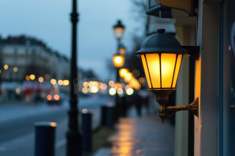 A Street Light on the Side of a Building at Night Stock Image - Image ...
