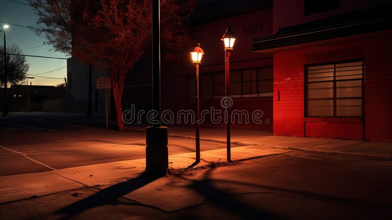A Street Light Sitting Next To a Red Building at Night Stock ...