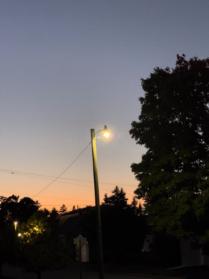A street light at sunset stock photo. Image of city - 339307910